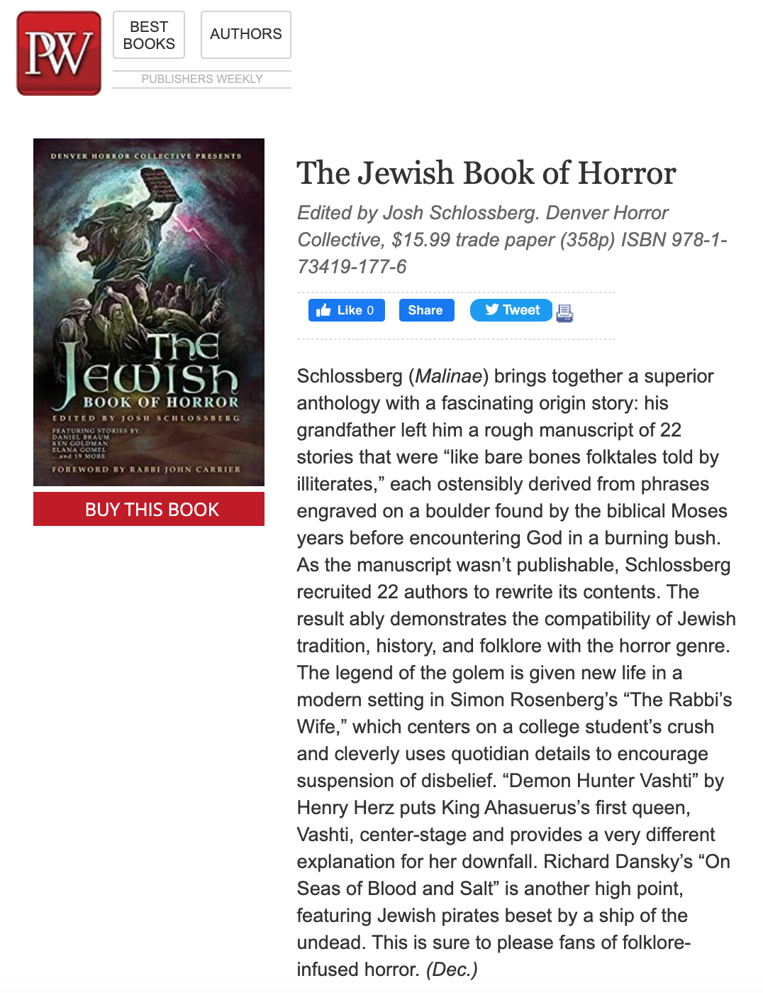 Publishers Weekly on THE JEWISH BOOK OF HORROR | Denver Horror Collective